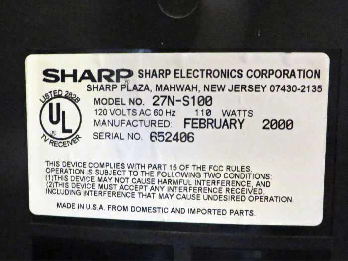 Sharp Color Television Model 27N-S100, Manufactured February 2000 ...