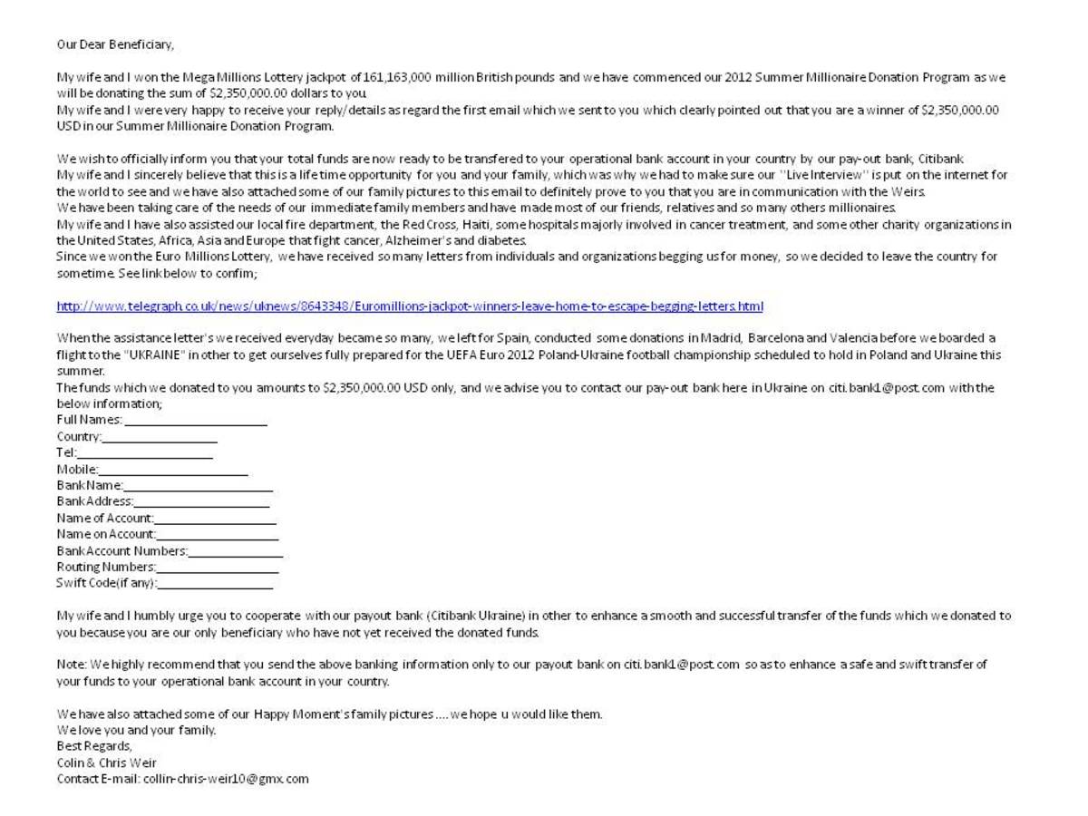 Email Scammers Capitalize On Colin And Chris Weir‏'s Lottery Winning ...