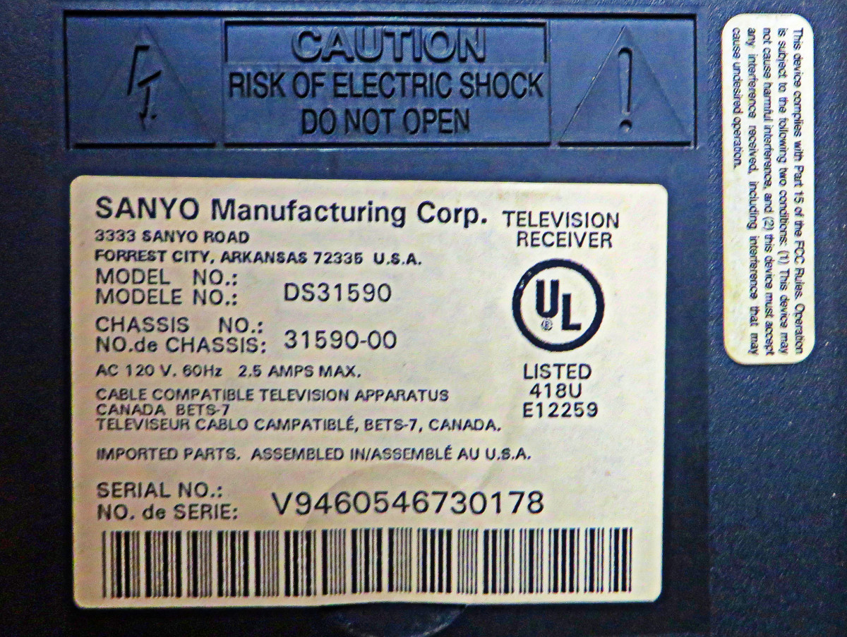 2000 Sanyo Television Model Number DS31590, Sanyo Chassis 31590-00 ...